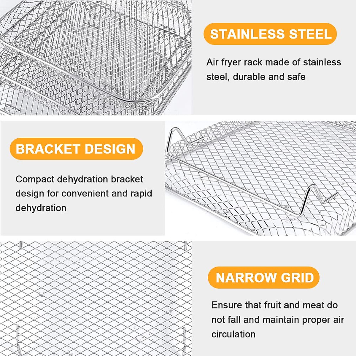 Square Air Fryer Rack,3 Layer Stainless Steel Stackable Dehydrato-r Rack with An-ti-scalding Clip,Stainless Steel Multi-Layer Dehydrato-r Rack Air fryer Accessories(Silver)