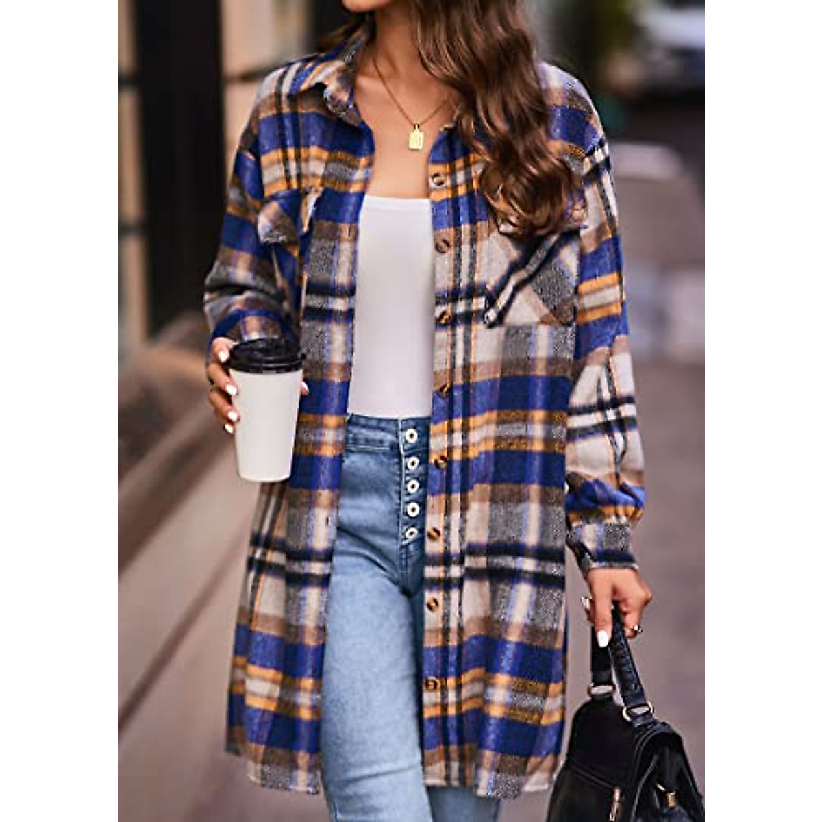 BTFBM Women's Corduroy Shacket Jacket Shirts Lapel Long Sleeve Oversized 2023 Fall Winter Button Down Shirt Dress Pocket(Plaid Royal Blue, X-Large)