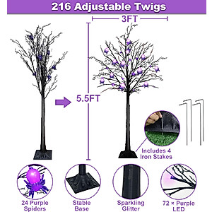 [Timer] 6 Ft Tall Halloween Tree Decorations Black Spooky Tree with 96 LED Purple Lightes and 24 DIY Bats Ornaments Artificial Tree Halloween Decor for Outdoor Indoor Home(4 Ground Stake/Adapter)