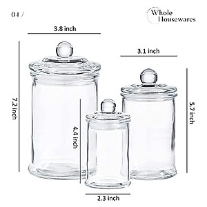 Premium Glass Apothecary Jars with Lids | Set of 3 | Small Glass Jars for Kitchen or Bathroom Storage / Qtip Holder / Cotton Swab Holder | Glass Jar with Lid for Laundry Room Storage, Bathroom Canisters, Mason Jar Bathroom Accessories Set | Bathroom Jars