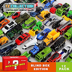 Oriate Diecast Toy Cars Set for 3 4 5 6 7 8 Year Old Boys, 12 Pack Mini Metal Cars 1/64, 12 Theme in one Set Blind Box Edition- Include Farm, Space Ship, Truck for Children Birthday Party Decor Gifts