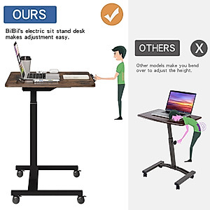 BilBil Electric Standing Desks with Lockable Wheels, 32*24 inch Height Adjustable Sit to Stand Desk, Overbed Laptop Table Desk, Mobile Rolling Desk, Portable Work Table for Home & Office, Rustic Brown