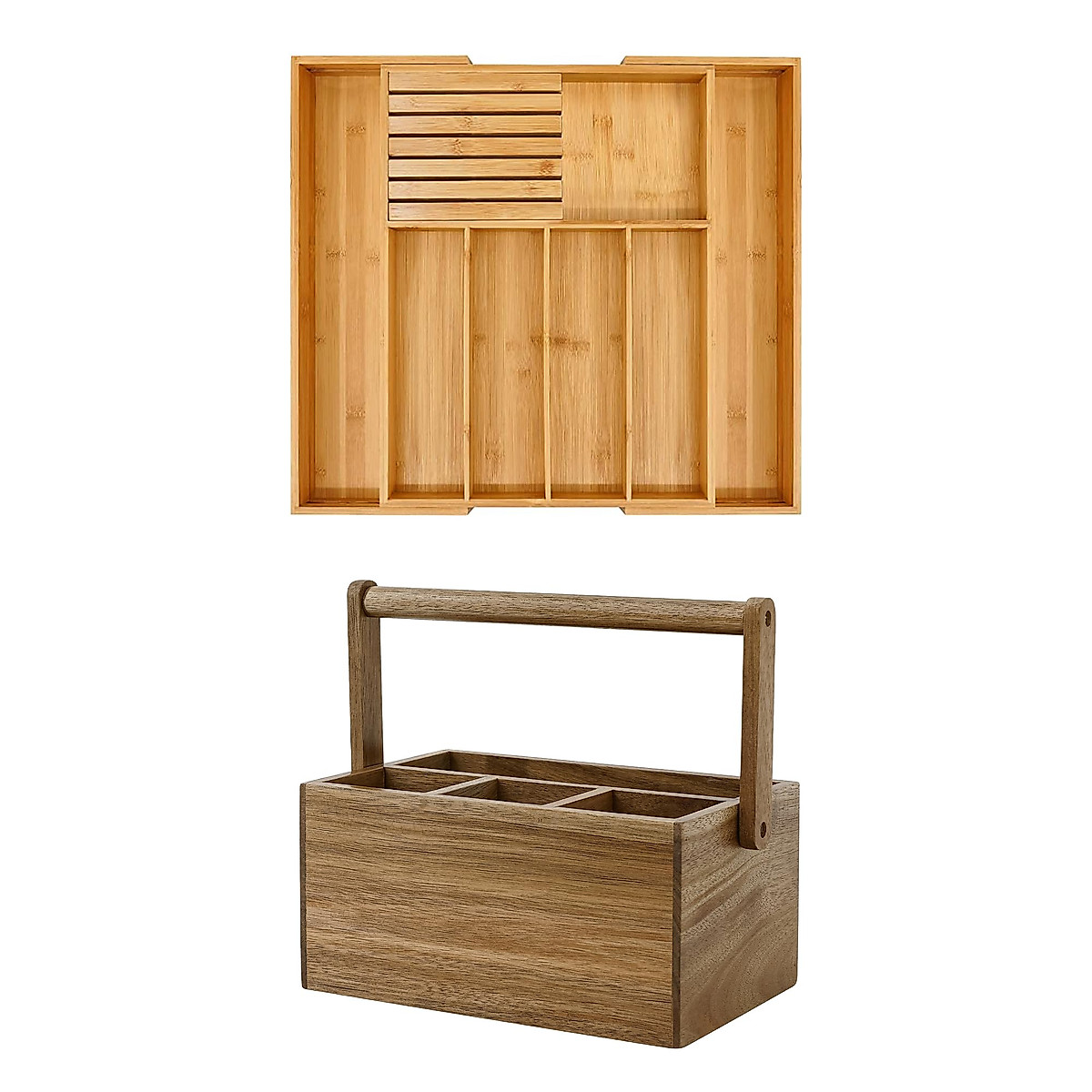 VaeFae Bamboo Silverware Drawer Organizer Kitchen and Acacia Silverware Caddy with Handle