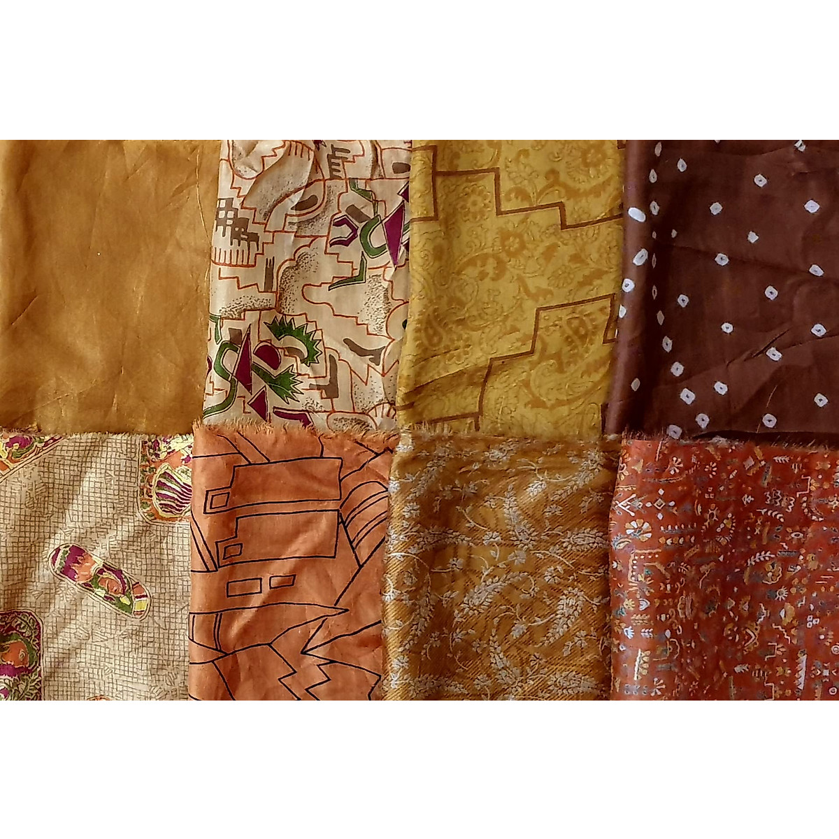 VINTAGEFABULOZ 15 Pcs 12"*20" Vintage Silk Sari Brown Fabric Scrap Remnant's for Journal Scrapbook Craft Project Jewelry Applique DIY Gift Wrap