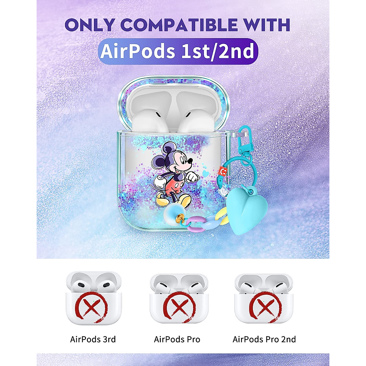 Besoar for AirPods 1/2 Case Bling Glitter Liquid Quicksand Cute Cartoon Kawaii with Keychain for Apple AirPod Cases Sparkly Design Covers for Girls Women Kids Covers for Air Pods 2nd/1st Miqi