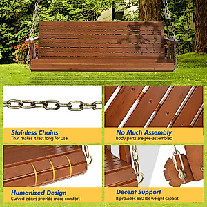VINGLI Upgraded Patio Wooden Porch Swing for Courtyard & Garden, Heavy Duty 880 LBS Swing Chair Bench with Hanging Chains for Outdoors (Brown, 5 FT)