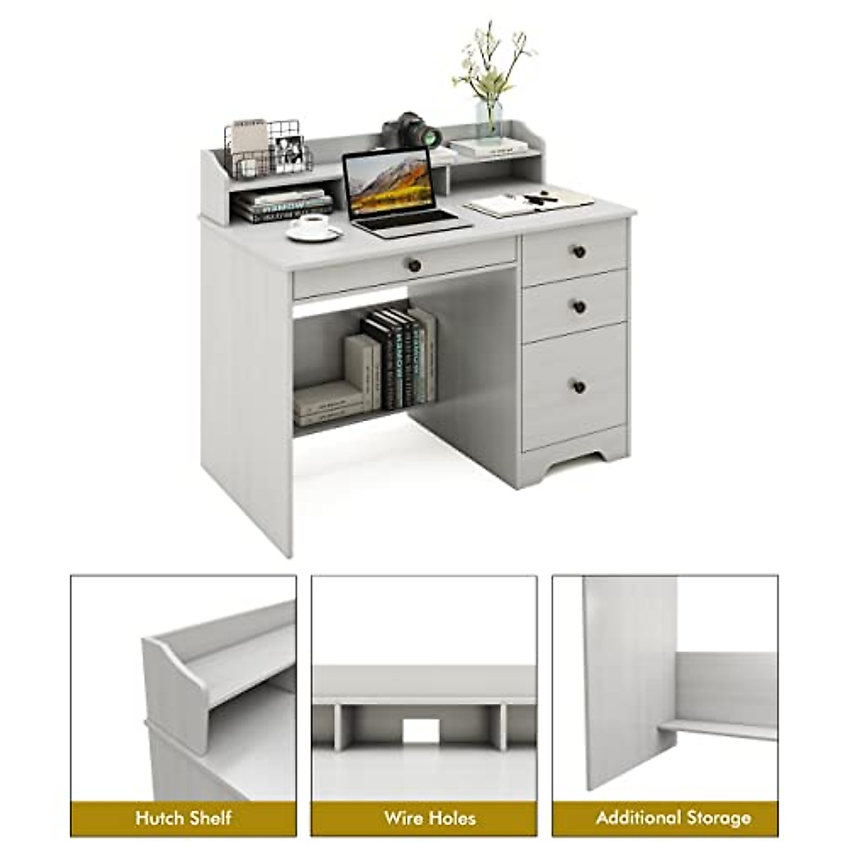 ITUSUT Computer Desk with 4 Drawers and Hutch, Home Office Desk with Wide Tabletop and File Drawer, Wood Executive Desk Writing Study Table PC Desk for Bedroom, Oak White