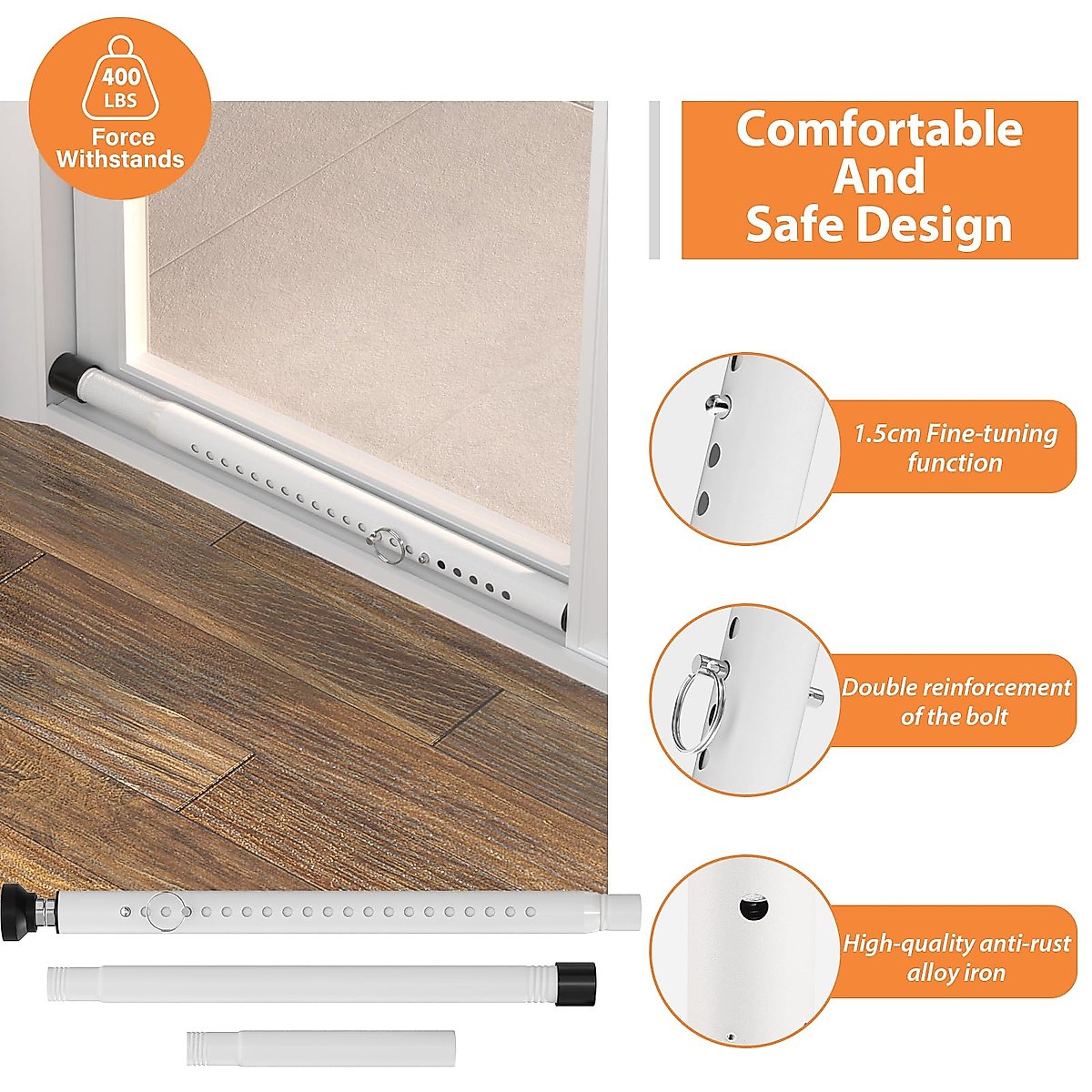 BsBsBest Window Security Bars Inside Adjustable 18 to 51 Inch Sliding Door Security Bar Interior White 1 Pack Window Locks Security up and Down Window Bars Security Extendable