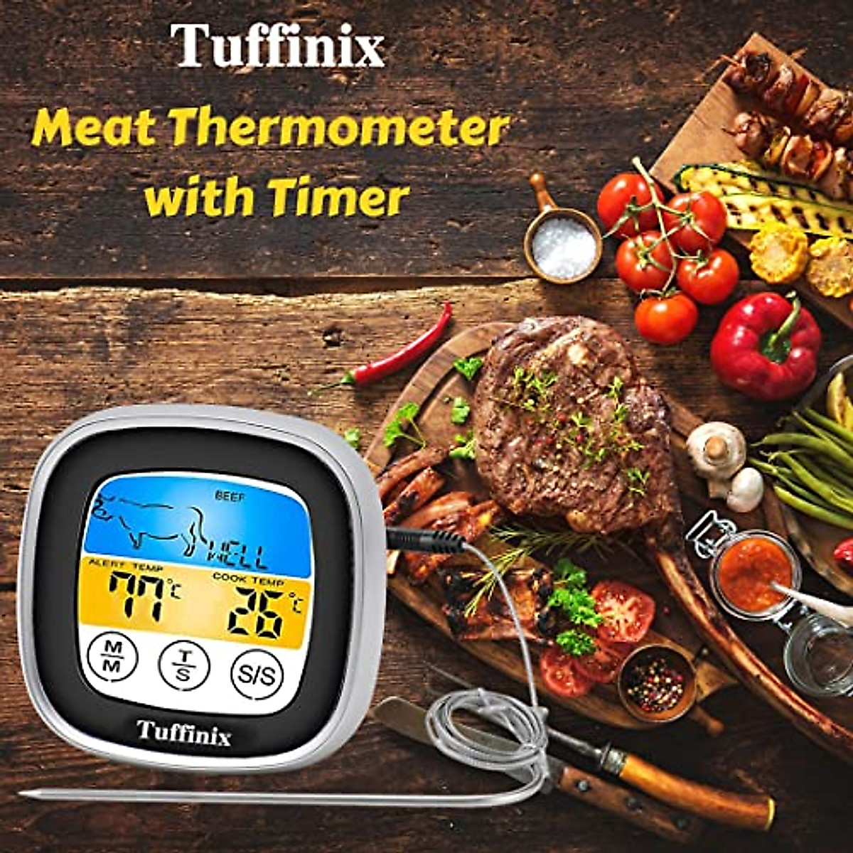 Digital Touchscreen Meat Food Thermometer - Tuffinix Instant Read Meat Thermometer 40in Probe Kitchen Cooking Thermometer with Timer Function Oven Safe for BBQ Frying Pan Smoker Cooking