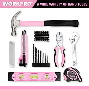 WORKPRO 12V Pink Cordless Drill Driver and Home Tool Kit and Pink Garden Tools Set
