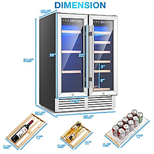 CHEFJOY Beverage and Wine Cooler Refrigerator, Dual Zone 2-in-1 Wine Fridge Cellar w/Independent Temperature Control, LED Lights, 18 Bottles & 57 Cans, Quiet Operation, Freestanding or Built-in