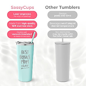 Best Bonus Mom Stainless Steel Coffee Mug with Insulated Travel Tumbler and Straw - Birthday Gift for Bonus Mom, Best Mom Ever, Friend, and Work Mom - Stepmom Travel Coffee Cup, Coffee Tumbler