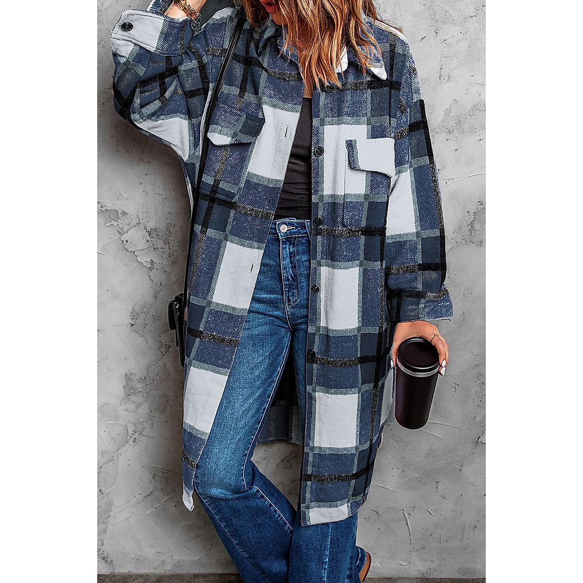 PRETTYGARDEN Women's 2024 Plaid Shacket Jacket Long Sleeve Button Down Shirts Fashion Winter Wool Coats (Navy,X-Large)