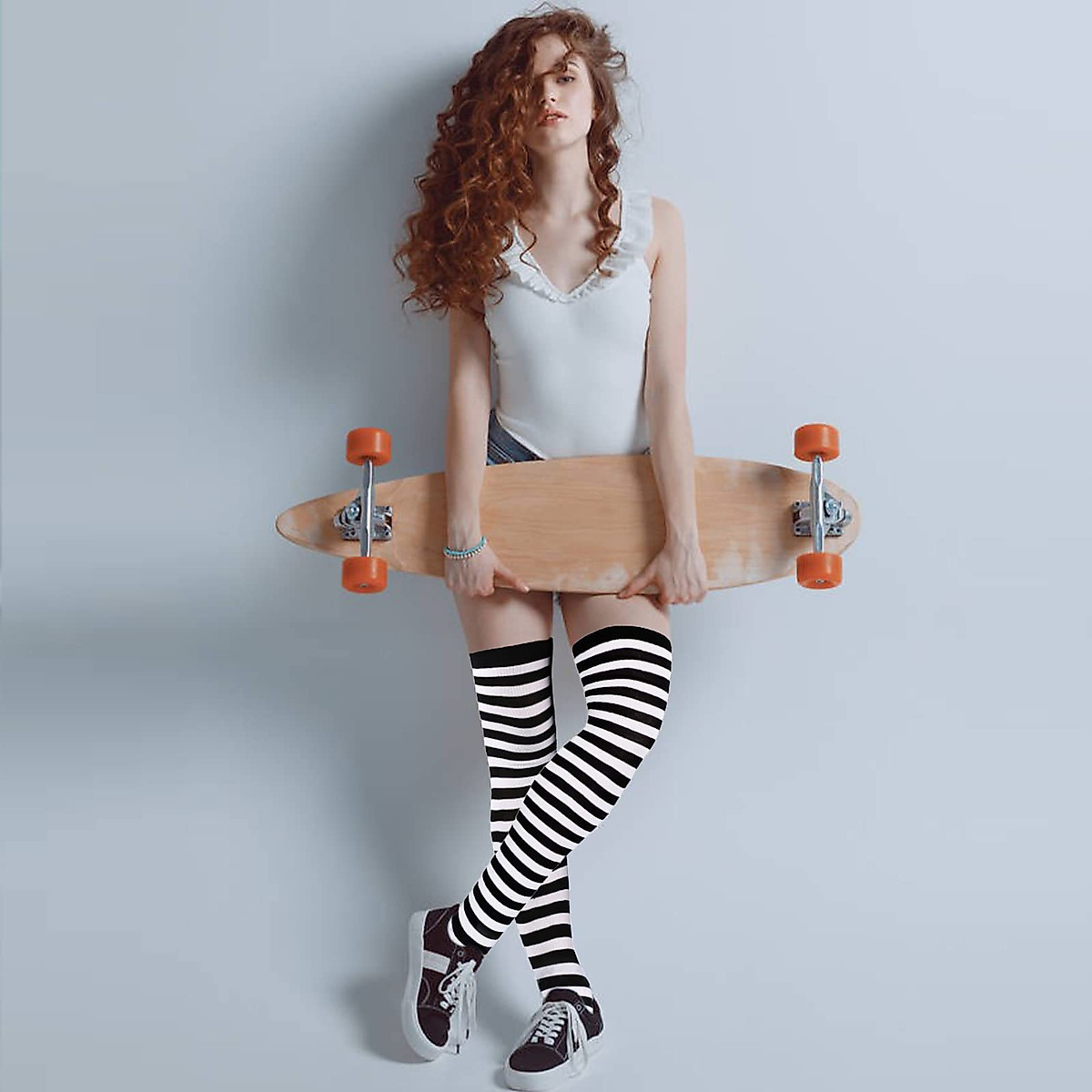 Barrlves 4 Sets Womens Striped Knee High Socks Long Knit Arm Warmers Fingerless Gloves for Halloween Costume (4sets Solid Black+White+DeepGrey+Grey)