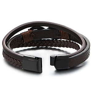 COOLSTEELANDBEYOND Black Steel Infinity Love Number 8 Friendship Three-Strand Brown Braided Leather Bangle Bracelet
