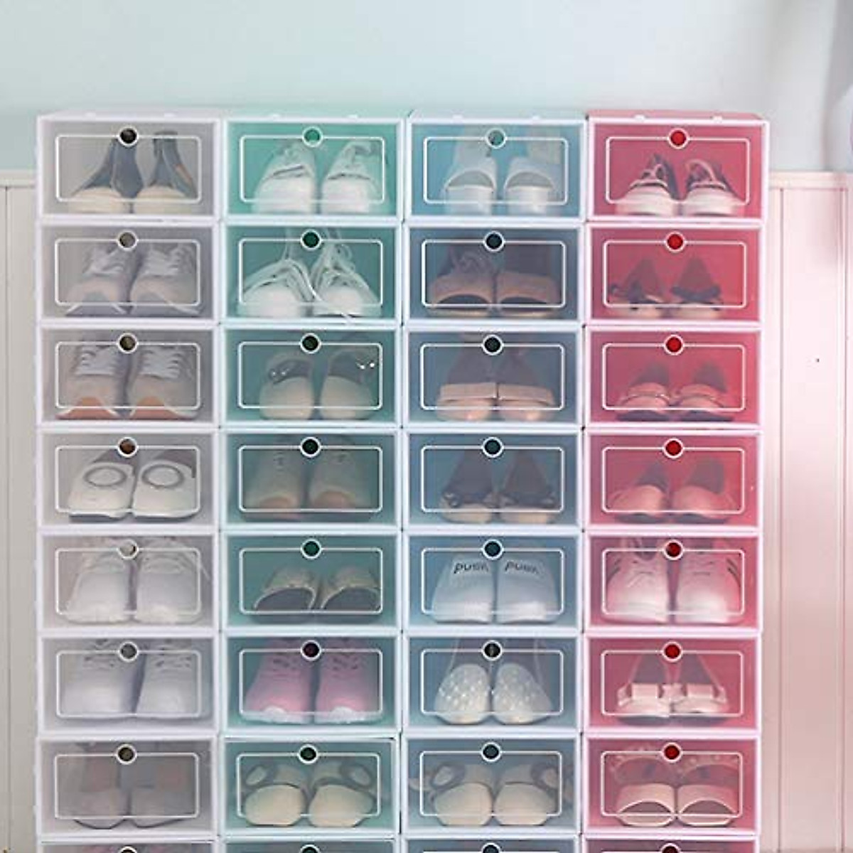 Cabilock 6pcs Transparent Pink Shoe Box Stackable Foldable Storage Shoe Box Clear Plastic Shoe Boxes Dust Proof Shoes Boxes for Home Room Sneakers High Heels Slippers