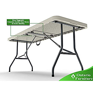 Ontario Furniture 8 Foot Plastic Folding Table - Folds in Half with a Carrying Handle � Rectangular - Lightweight and Portable - White Resin with Sturdy Steel Frame - 30"x 96"