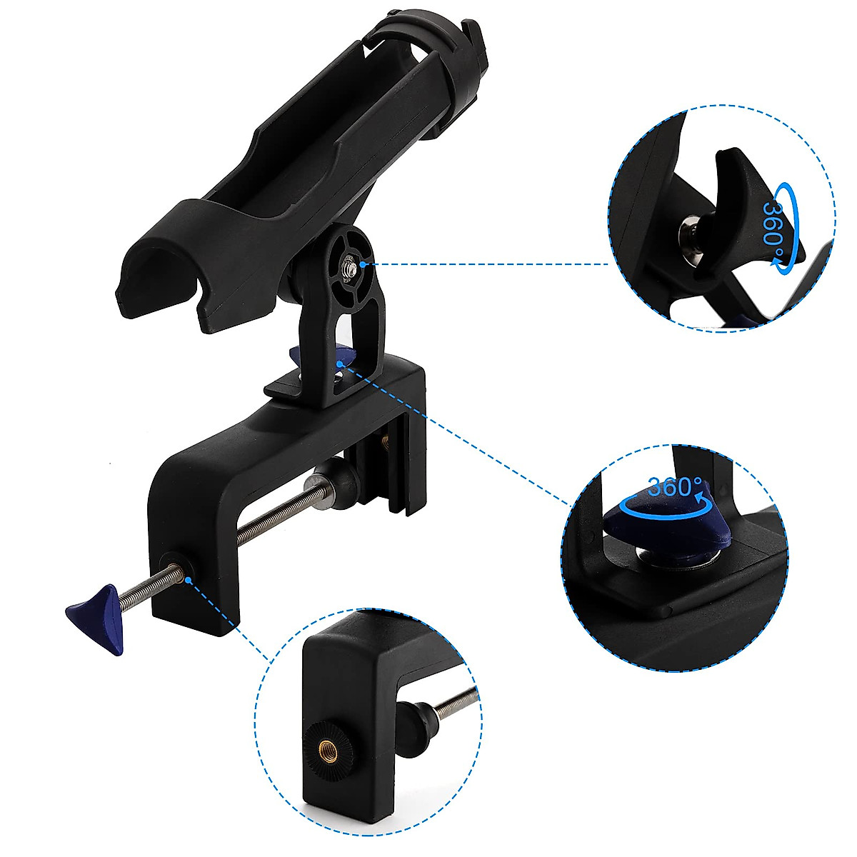 ZENFUN 2 Pack Fishing Boat Rods Holder, 360 Degree Rotation Adjustable Power Lock Fishing Rods Racks, Large Clamp Opening Folding Rod Holder for Canoe, Kayaks, Easy Installation, Bonus Screws