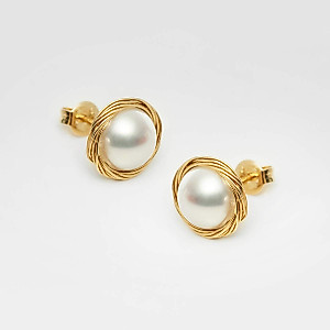 Pearl Stud Earrings for Women 14K Gold Filled 9.5mm+ White Real Freshwater Cultured Pearl Earrings COMOTO Jewelry