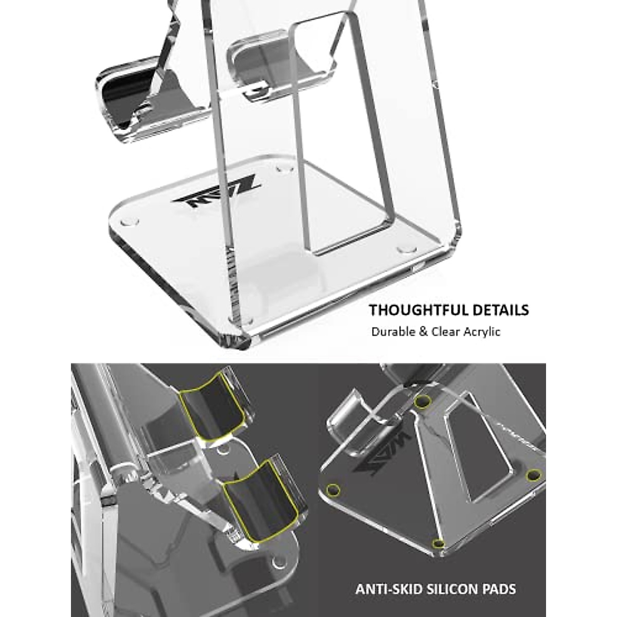 ZAW Acrylic Cell Phone Stand, Office Desk Accessories Clear Phone Stand for Desk, 4MM Acrylic Phone Holder, Compatible with iPhone 14 Pro, Samsung S21 S20 Smartphones (1xPack)
