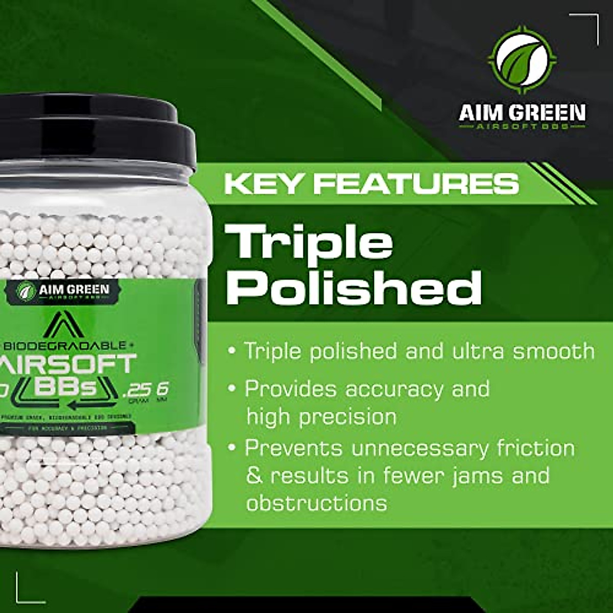 Aim Green Biodegradable Airsoft BBS, Premium-Grade 6mm Airsoft BBS, 0.25 Grams, 10,000 Count