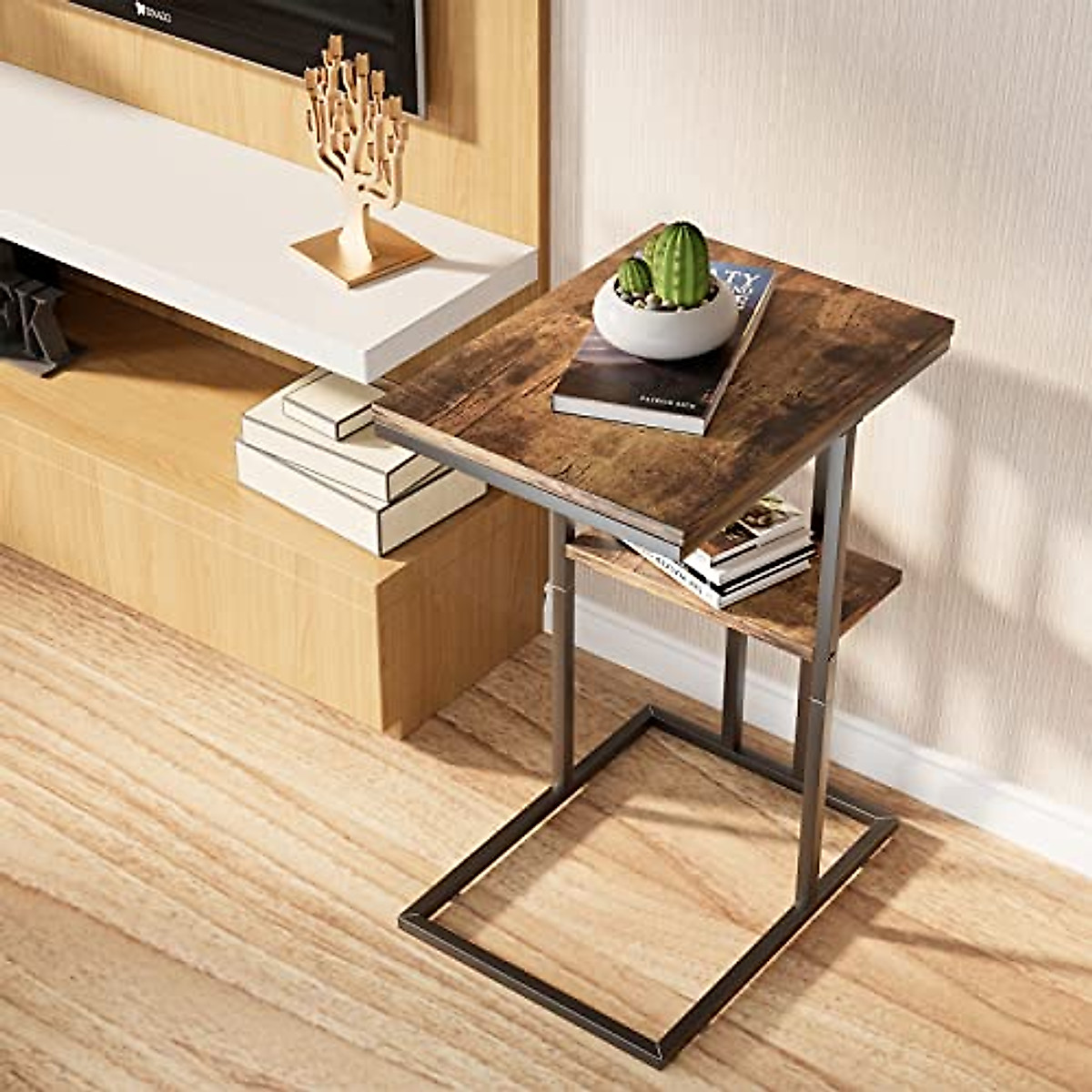 Easy Paws C Table End Table, Couch Side Table, C Shaped End Table for Sofa, Small Side Table Rustic Snack Table for Small Spaces, Living Room, Bedroom(Brown)…