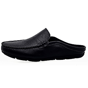 Go Tour Mens Mules Clog Slippers Breathable Leather Slip on Shoes Casual Loafers Black Punched 13/50
