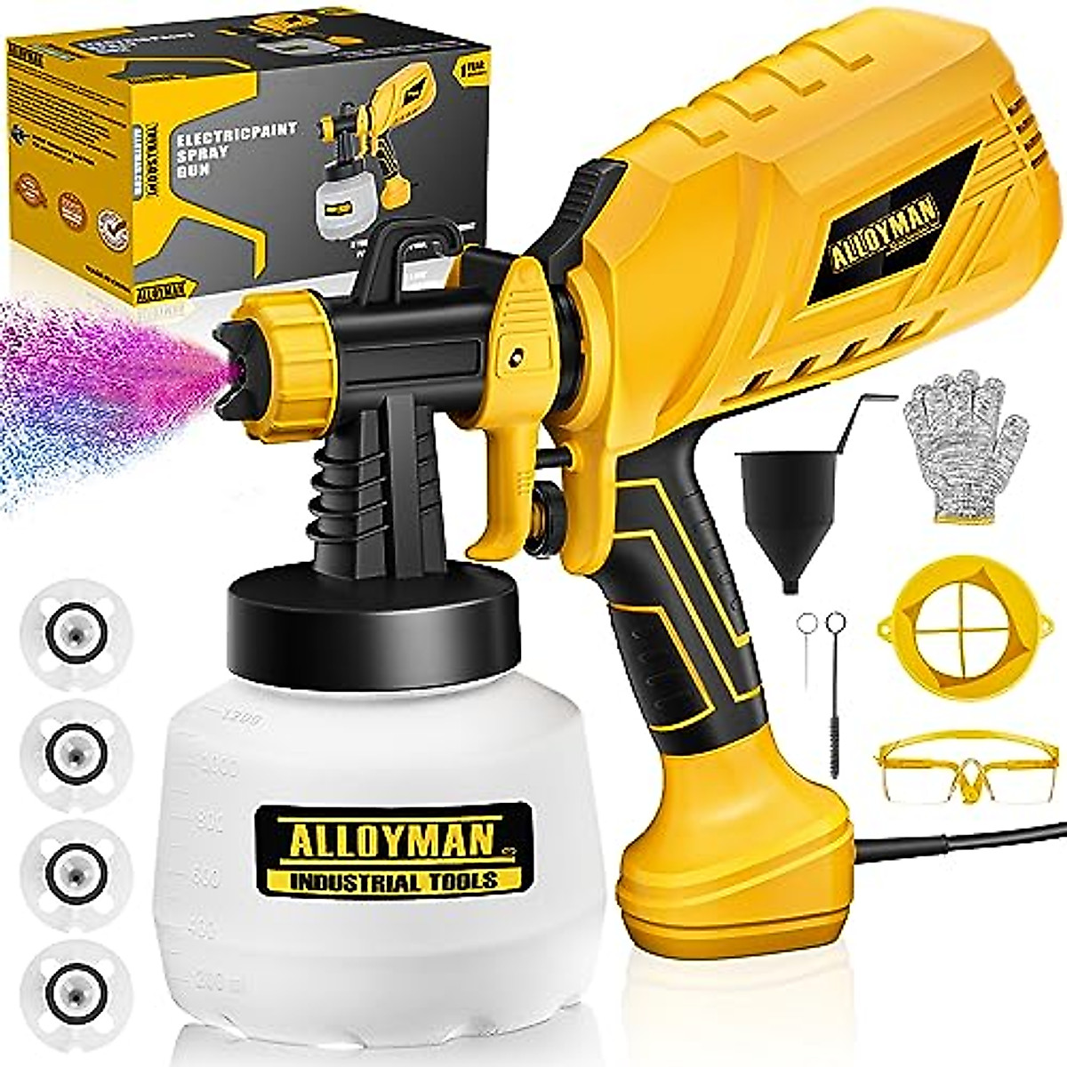 ALLOYMAN Paint Sprayer, 650W HVLP Electric Paint Sprayer, 4 Nozzles and 3 Patterns, with 1200ml Large Container Spray Gun, Easy to Clean, Paint sprayers for Home Interior and Exterior