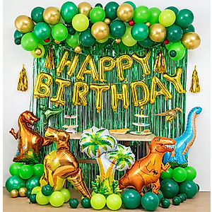 LFVIK Dinosaur Birthday Party Decorations&Balloons Arch Garland Kit(Gold,Green),Dinosaurs Balloons,HAPPY BIRTHDAY Balloons,Curtains,for Dino Themed Kid's Party,Shower,Celebration.