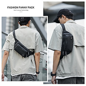 Black Fanny Pack for Men Women, Fashionable Crossbody Waist Bag Pack with 4-Zipper Pockets Adjustable Strap, Waterproof Anti-theft Mens Fanny Pack Belt Bag for Travel Hiking Running - Nylon