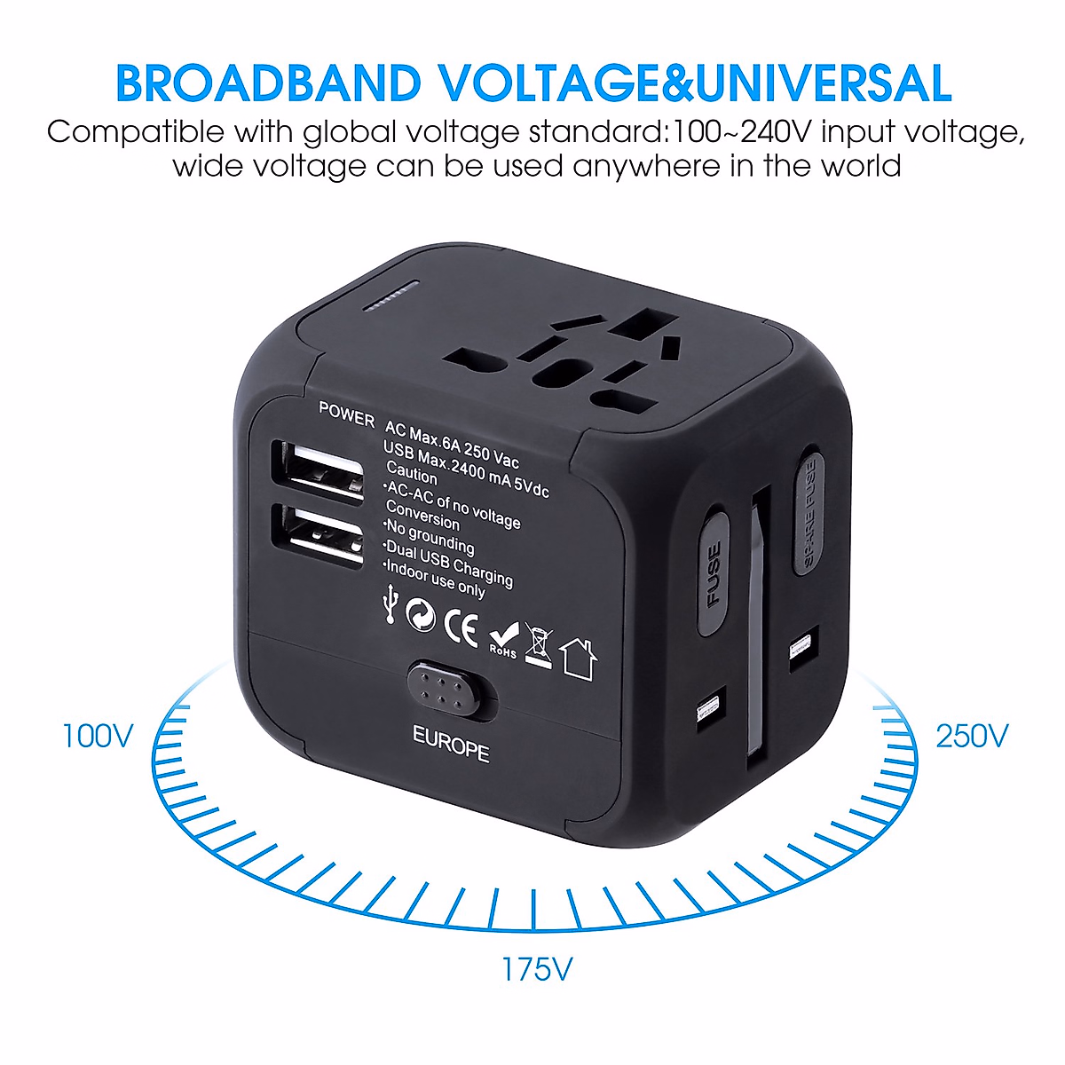 Travel Adapter,WGGE Multi-Nation Travel Adapter, All-in-one International Power Adapter with 2.4A Dual USB,Worldwide Power Adapter Wall Charger for US,UK,EU,AU,ASIA Cover more than150 countries BLACK