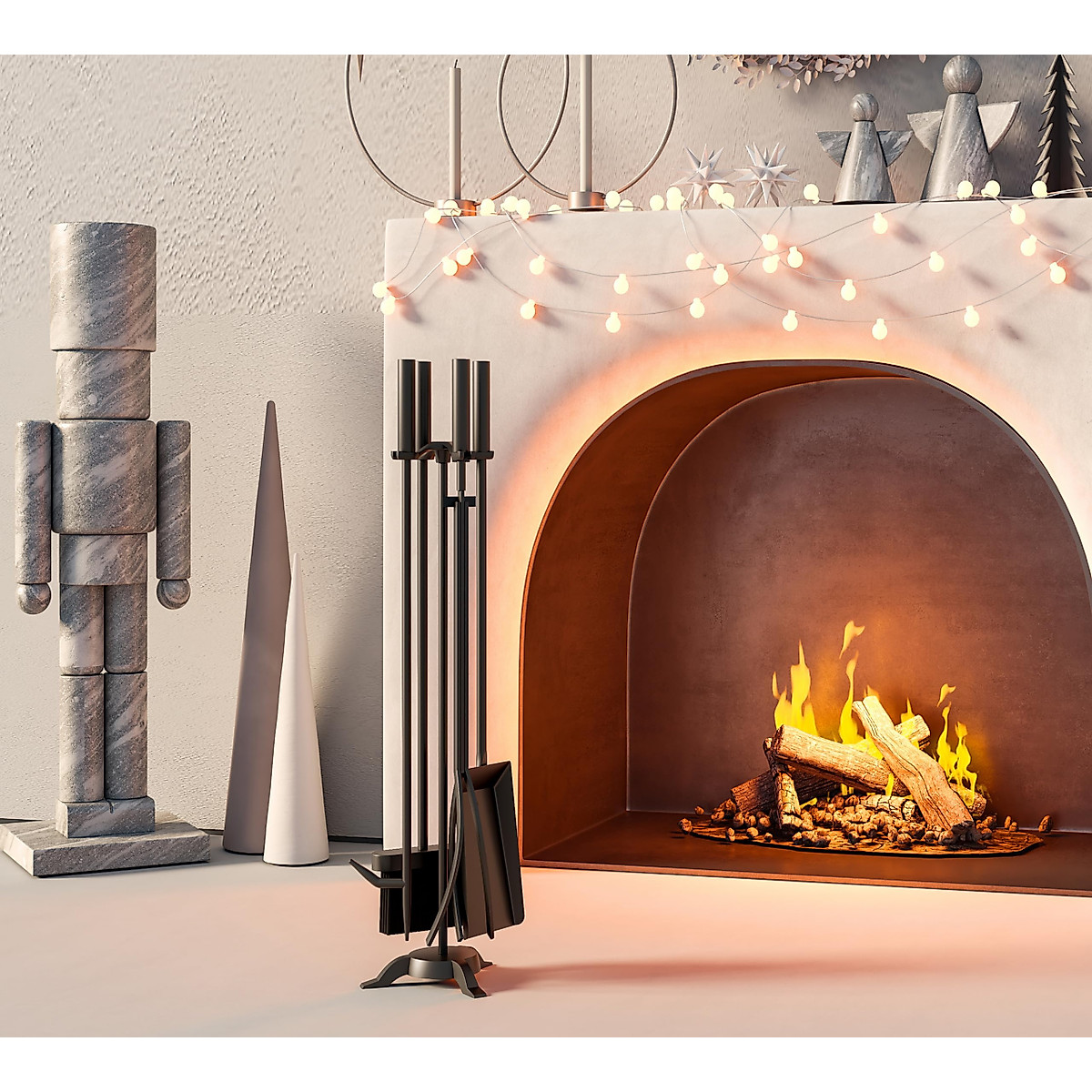 CALIDOLA Wrought Iron Fireplace Tools with Chimney Poker, Tongs, Shovel, Brush and Stand Hearth Accessories Set,Black Fireplace Companion Set