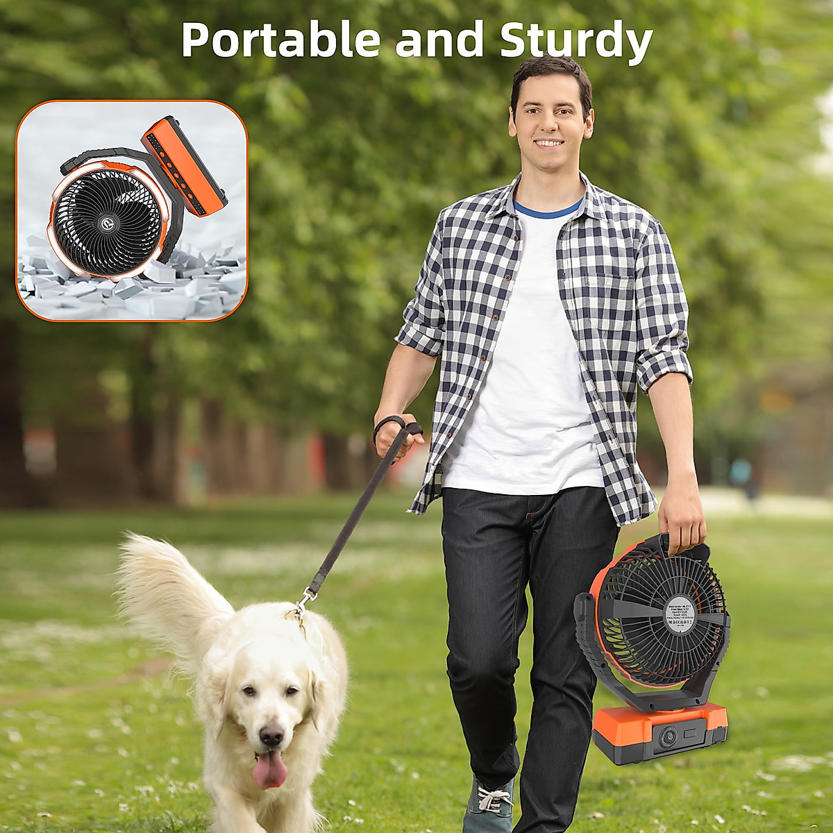 PANERGY Camping Fan with Light, 20000mAh Rechargeable Battery, Auto-Oscillating, Remote for Tent, Travel, Power Outage, Jobsite,Charger Adapter Included, 8 inch, Orange