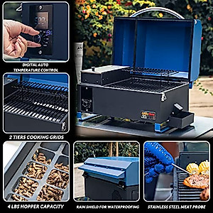 Onlyfire Portable Wood Pellet Grill and Smoker, 8 in 1 Tabletop Outdoor BBQ Grilling Stove for RV Camping Tailgating Cooking with Auto Temperature Control, LED Screen, Meat Probe & 2 Tiers Cooking Area, Blue