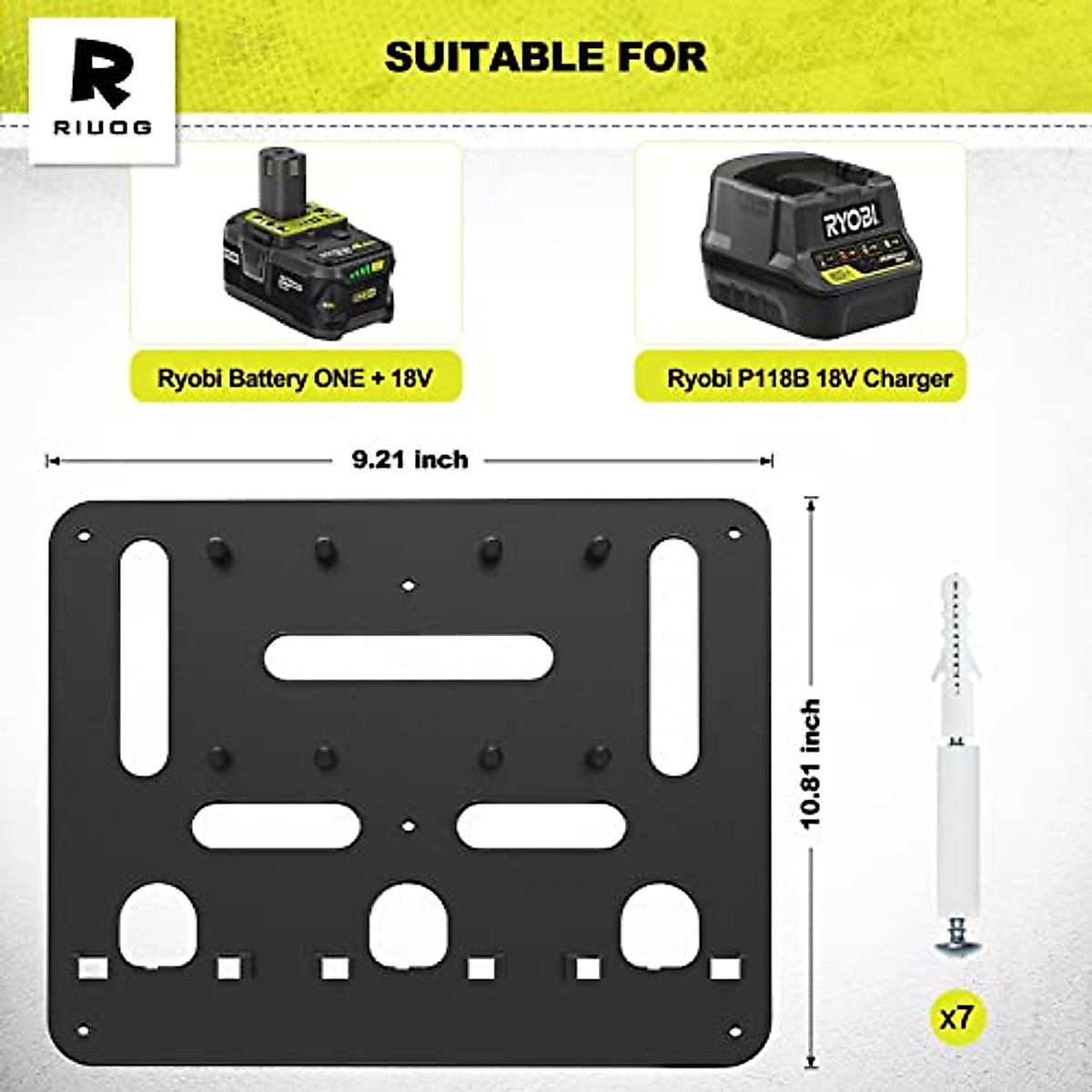 Riuog Battery Holder for Ryobi, Metal Wall Mount Bracket for Ryobi 18V Battery and Ryobi P118B Charger,3 Battery Holder and 2 Charger Holder for Tool Room and Garage