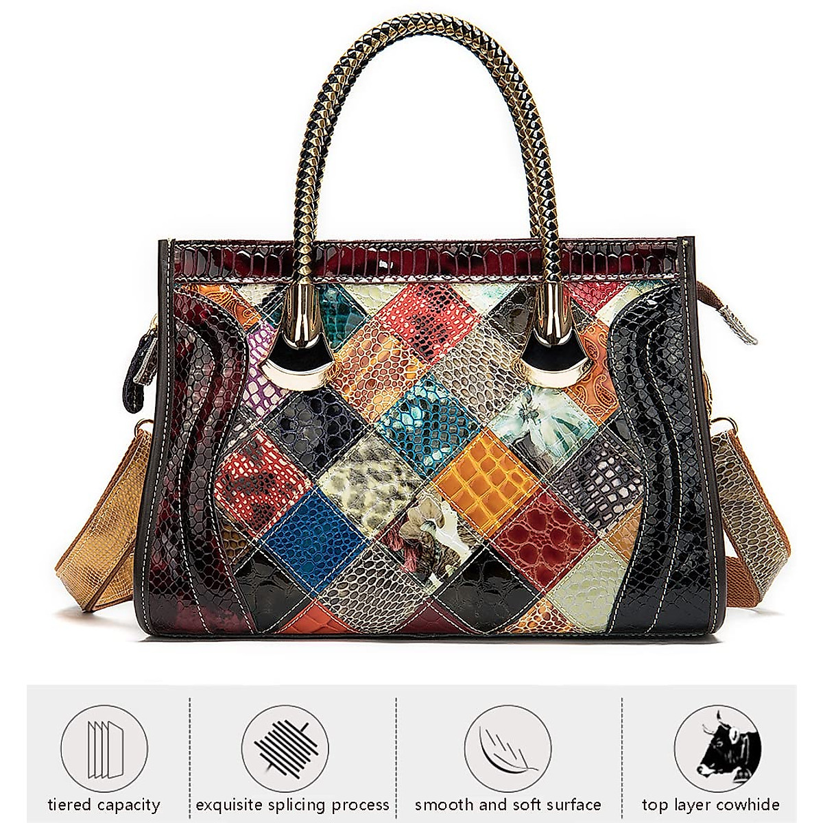 Segater Women Retro Leather Handbag Multicolor Cowhide Shoulder Purse Random Colorful Splicing Top-handle Satchels