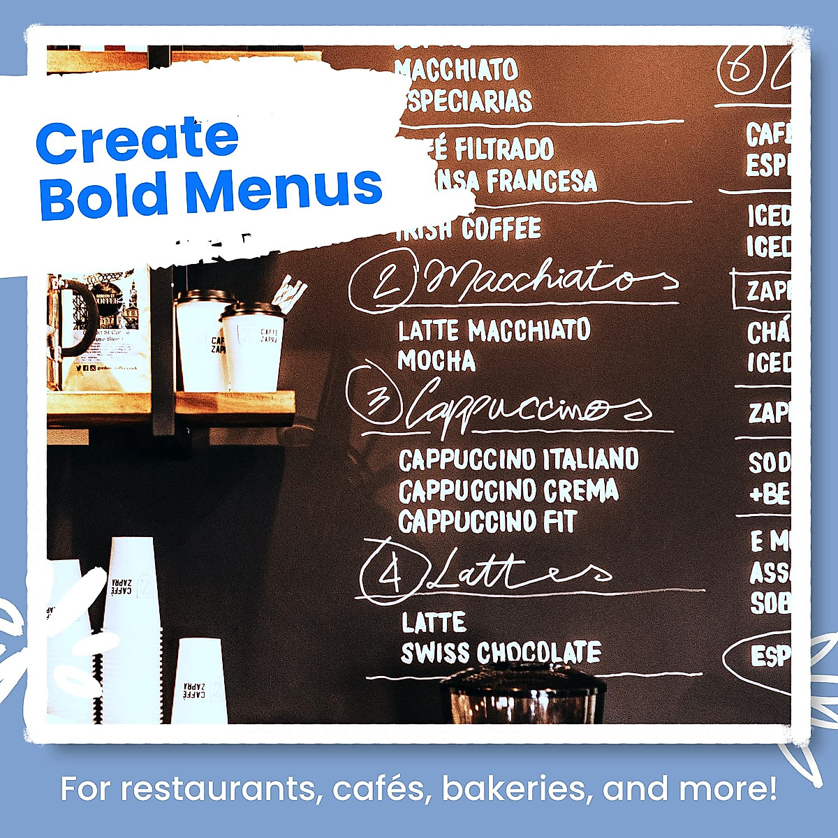 Chalkola White Chalk markers (6 Pack) - White Dry Erase Liquid Chalk Pens for Chalkboard, Blackboard, Window, Bistro, Car Glass, Board, Signs - Erasable ink 6mm Reversible Tip + 50 Chalk labels