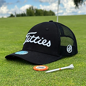 GP POWER GOLF Original Titties Mesh Hat - White Trucker Cap with Adjustable Strapback (Black)