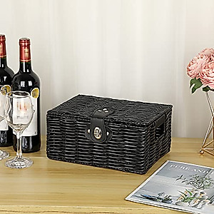 Hipiwe Decorative Storage Boxes with Lids & Lock Black Woven Basket Bin Built-in Carry Handles Plastic Shelf Basket Lidded Multifunctional Household Organizer Box for Clothes Toy Book Snack