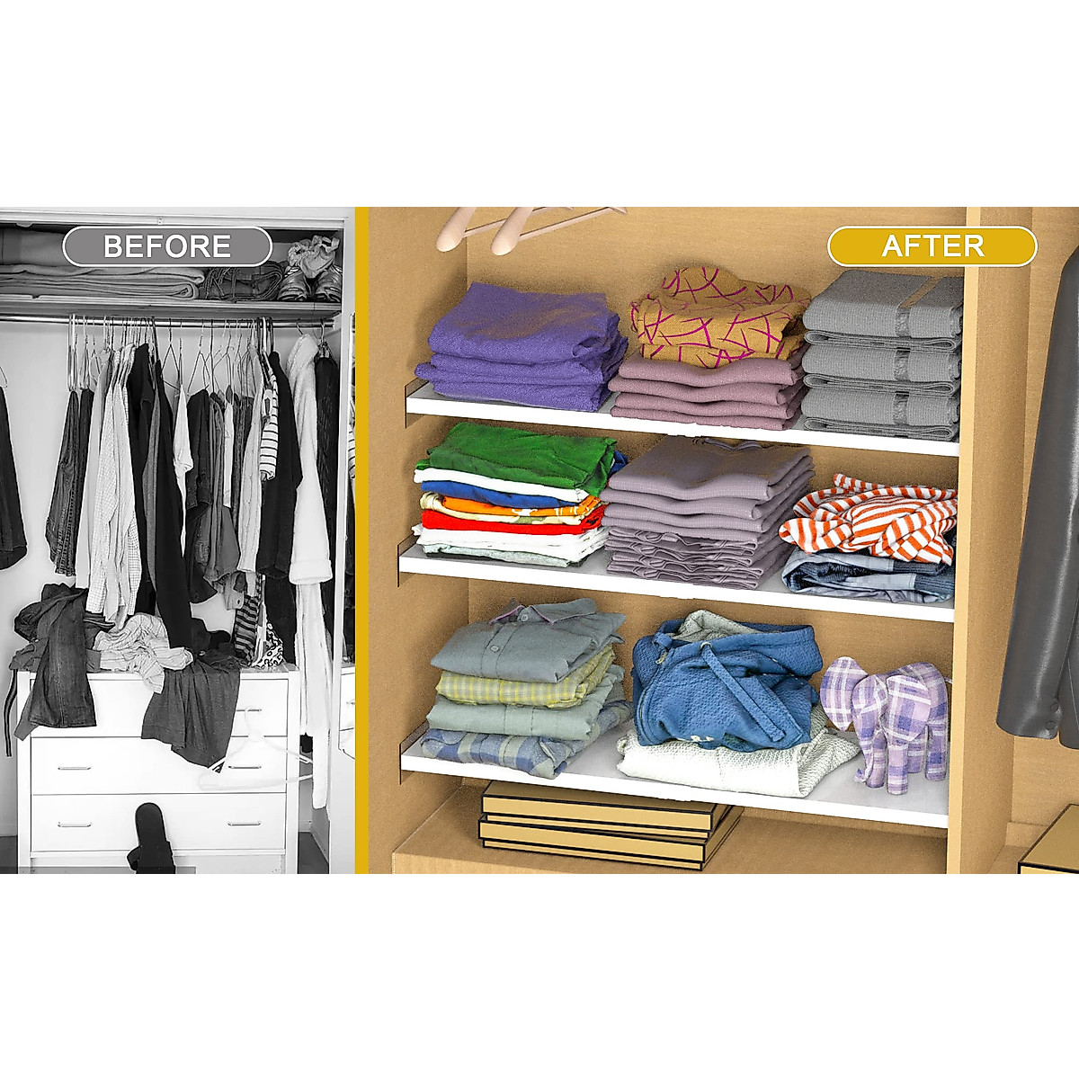 Redrubbit Adhesive Expandable Closet Shelf Organizers, No Drilling Heavy-Duty Metal Divider Separator for Kitchen Cabinet Wardrobe Cupboard Kitchen Bathroom Laundry Room，7.87"Width-2 pack