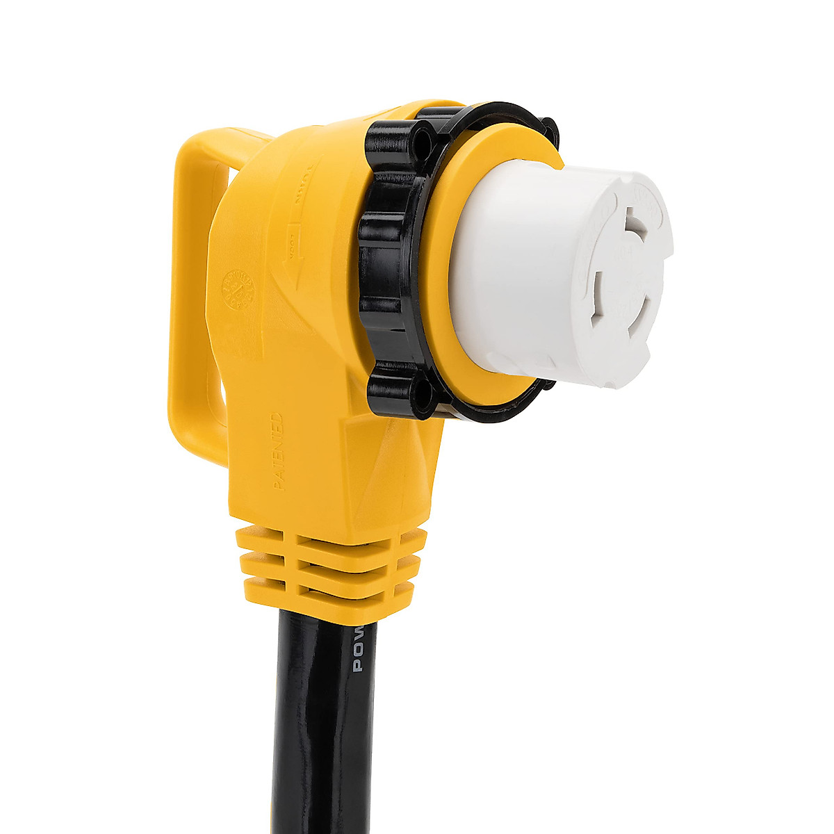 Camco Power Grip 18" Dogbone Extension Cord Adapter with 50-Amp Power Locking Male and 50-Amp 90-Degree Locking Female Ends for Electrical Connection