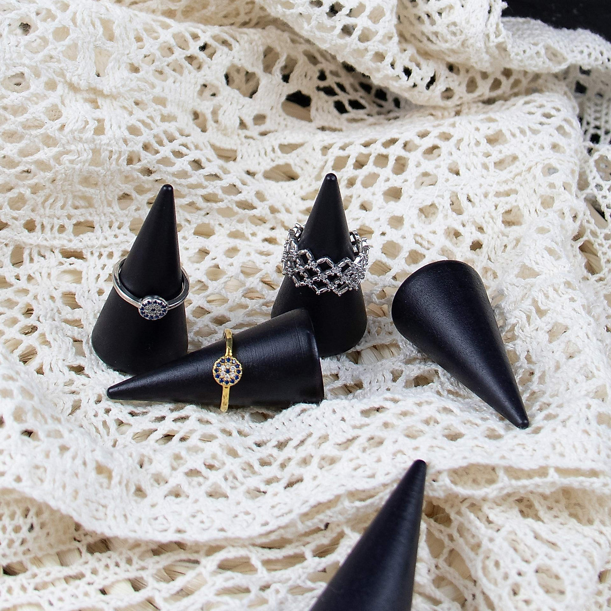 AUEAR, 10 Pack Wood Cone Ring Holder Finger Jewelry Display Stand DIY Craft Wooden (Black, Vertical Shaped)