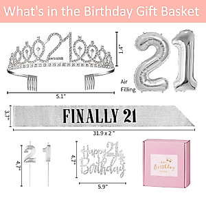 Sliver 21st Birthday Decorations For Her Including 21st Birthday Sash And Crown, 21st Birthday Balloon, Finally 21st Birthday Sash With Pearl Pin, Sweet 21st Birthday Candles, 21 Cake Topper For Her