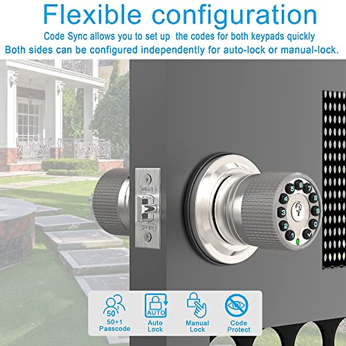Double Sided Keypad Door Knob with Dual Cylinders and Key Alike, iuknob Keyless Entry Smart Door Lock for Entrance, Fence, Gate, Swimming Pool,Waterproof and Weatherproof for Outdoor & Interior Door.