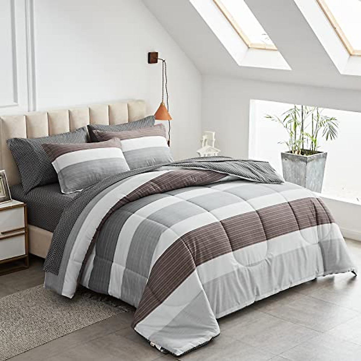 Joyreap 7 Piece Bed in a Bag Full/Queen, Light Gray n Brown Stripes Design, Soft Microfiber Comforter Set for All Season (1 Comforter, 2 Pillow Shams, 1 Flat Sheet, 1 Fitted Sheet, 2 Pillowcases)