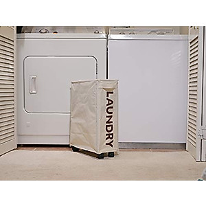 Topline Collapsible Laundry Hamper with Lockable Wheels, Slim Rolling Clothing Basket with Mesh Drawstring Closure - Beige