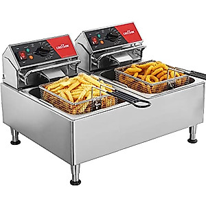 CROSSON ETL Listed Dual Tank 26Lbs Electric Countertop Deep Fryer with Easy-assembling Solid Basket ,Removable Oil Container,Height Adjustable Leg and Lid for Restaurant Home Use-120V,3600W Stainless Steel Commercial Deep Fryer