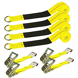 VULCAN Economy Car Tie Down Kit with 4 Lasso Straps, 4 Flat Hook Ratchets, and 4 Free 36 Inch Axle Straps - 3,300 Pound Safe Working Load