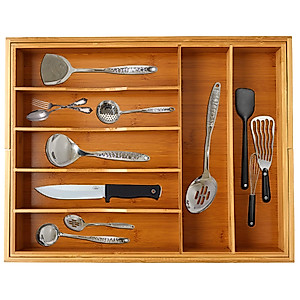 Vaiyer Bamboo Expandable Drawer Organizer for Utensils Holder Expands up to 20 inches wide, Adjustable Cutlery Tray, Wood Drawer Dividers Organizer for Flatware, Silverware, Knives in Kitchen