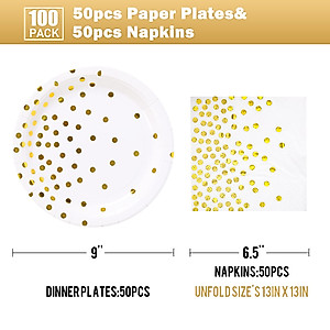 CENLBJ Disposable Paper Plates 100 Pack - White and Gold Paper Plates 50 x 9 & Gold Dot Napkins 50 x 6.5,Party Supplies for Weddings, Birthdays, Bridal Parties, All Occasions